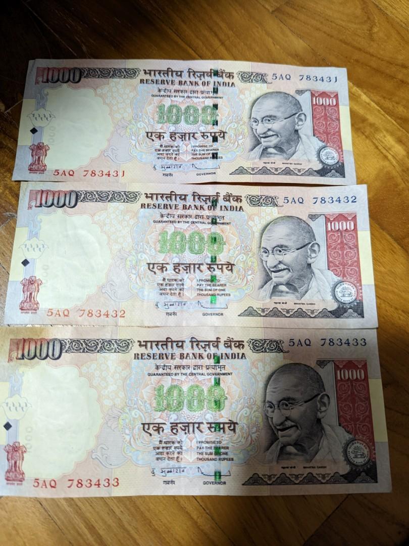 1000 Indian Rupee Banknote (consecutive), Hobbies & Toys, Memorabilia ...