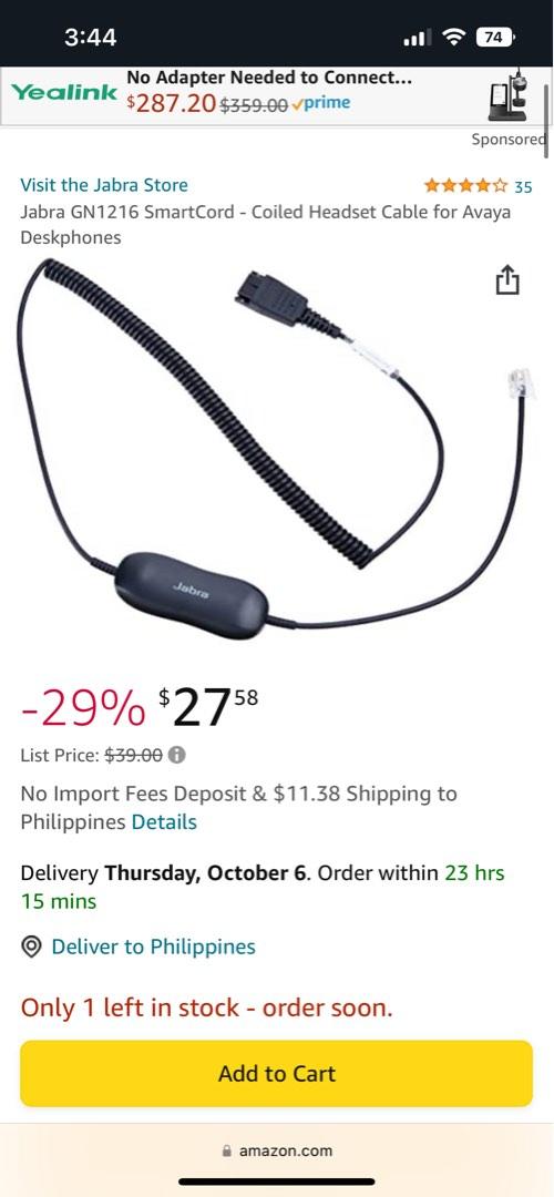 Jabra SmartCord - Coiled Headset Cable for Avaya Deskphones, Audio ...