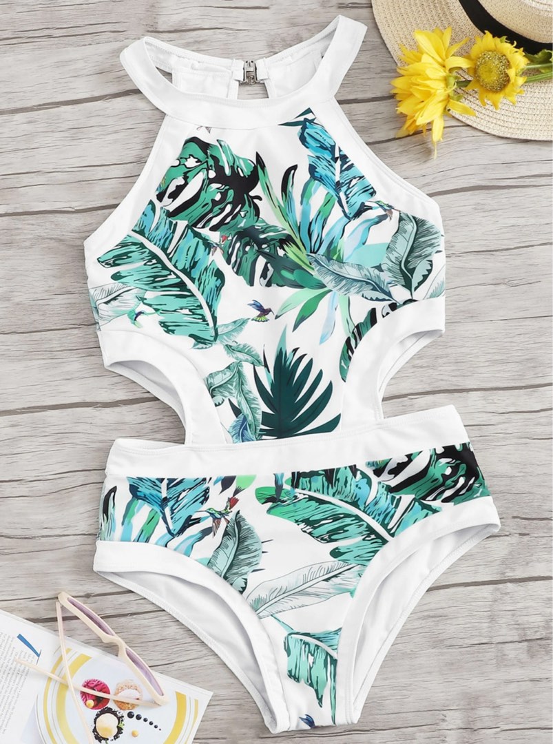 Jungle Leaf Print Cut Out One Piece Swimsuit, Women's Fashion, Swimwear ...