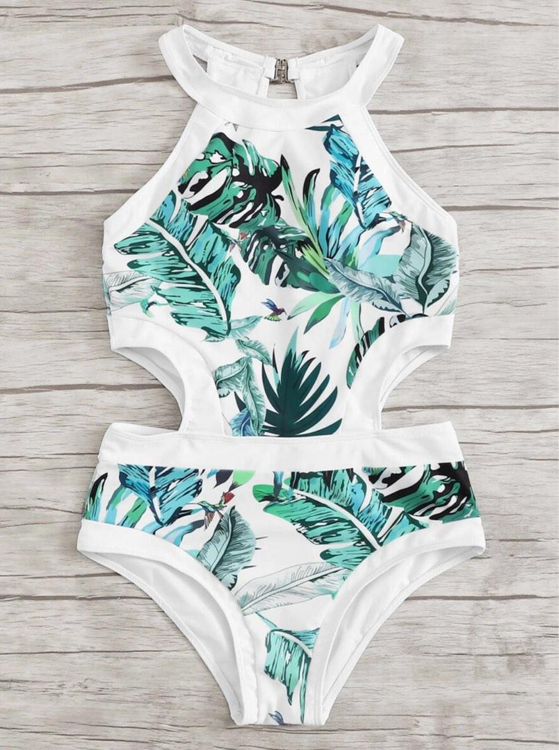 Jungle Leaf Print Cut Out One Piece Swimsuit, Women's Fashion, Swimwear ...