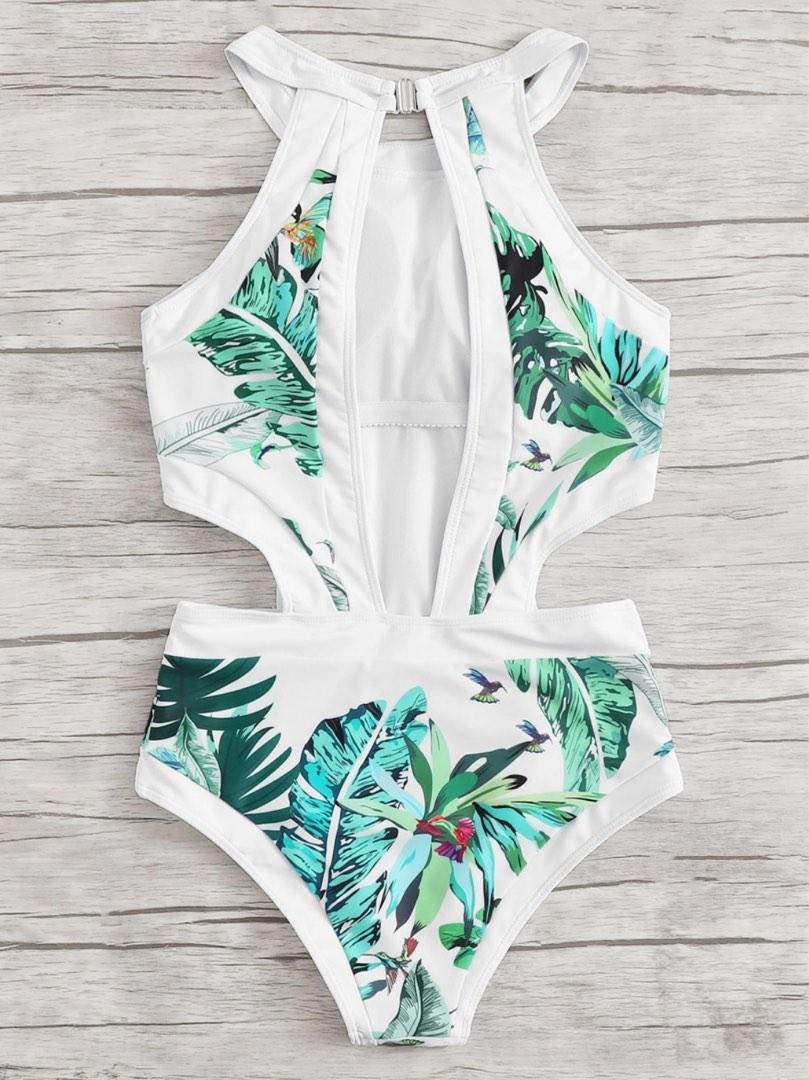 Jungle Leaf Print Cut Out One Piece Swimsuit, Women's Fashion, Swimwear ...