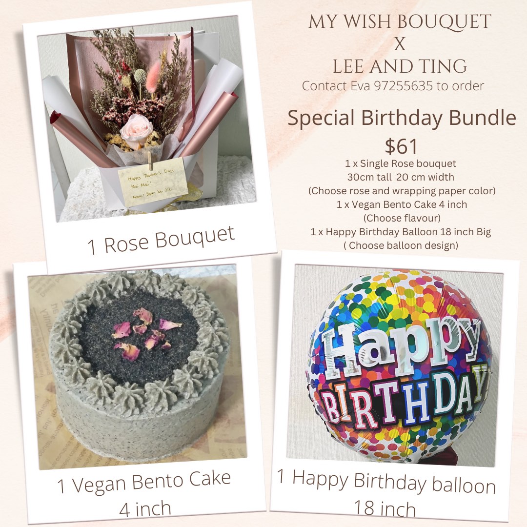 Birthday Bundle: Vegan bento cake, preserved rose flowers bouquet and ...
