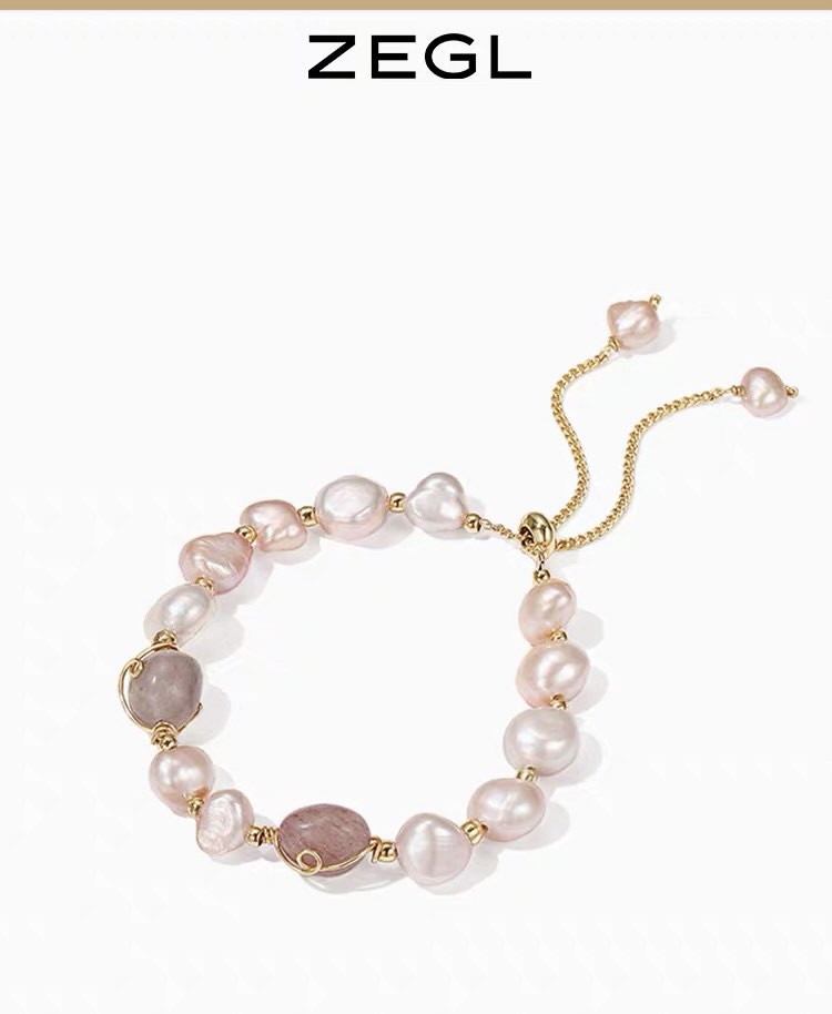 ZEGL Pearl and Strawberry Quartz adjustable bracelet, Women's Fashion ...