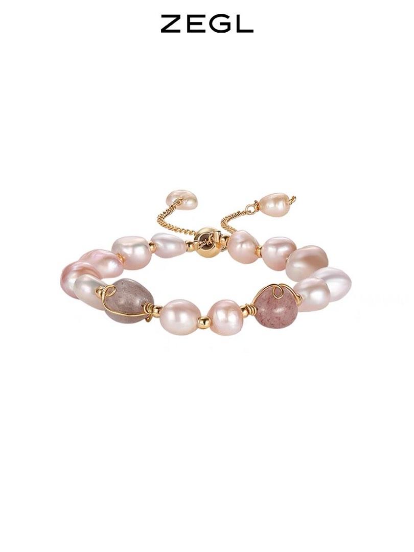 ZEGL Pearl and Strawberry Quartz adjustable bracelet, Women's Fashion ...