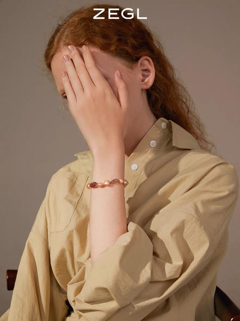 ZEGL Pearl and Strawberry Quartz adjustable bracelet, Women's Fashion ...