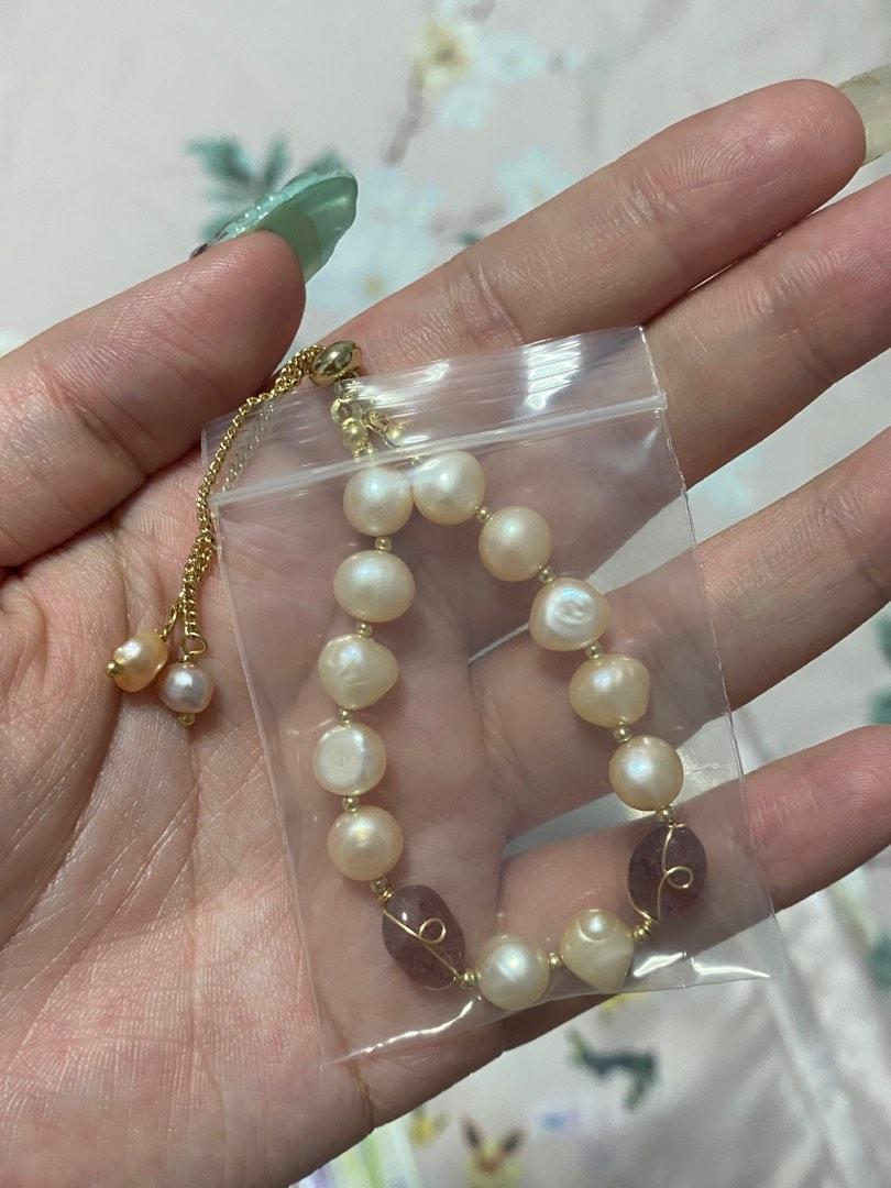 ZEGL Pearl and Strawberry Quartz adjustable bracelet, Women's Fashion ...