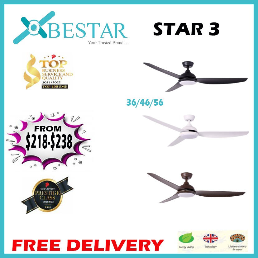Bestar Star 3 DC Ceiling Fan with 24W 3 Tone LED Light Kit and Remote ...