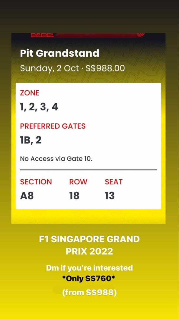 F1 Ticket (Pit Grandstand) Oct 2, 2022 - $760 only, Tickets & Vouchers ...