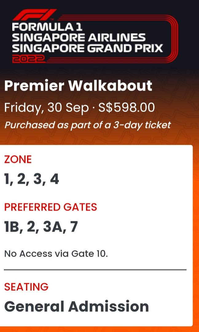 Friday PREMIER Walkabout x1 Formula 1 Singapore GP, Tickets & Vouchers ...