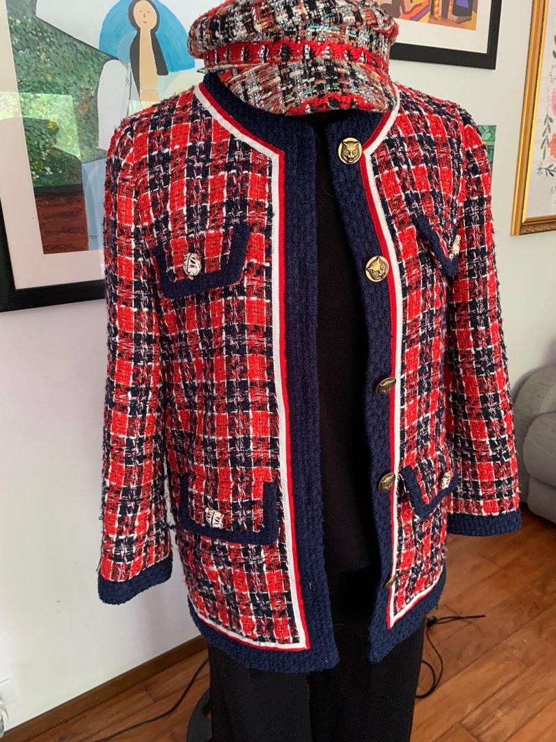 Red tweed long jacket with matching hat, Women's Fashion, Coats ...