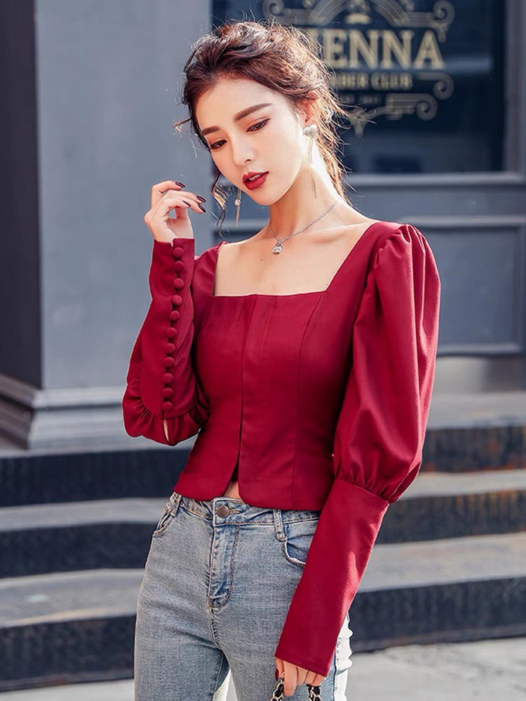 Square Neck Long Sleeve Red Top, Women's Fashion, Tops, Blouses on ...