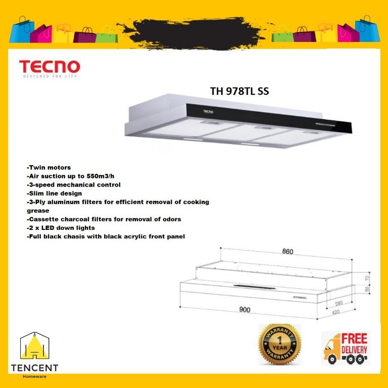 TECNO TH 978TL BK/SS Slim Line Cooker Hood (Full Black/Stainless Steel ...