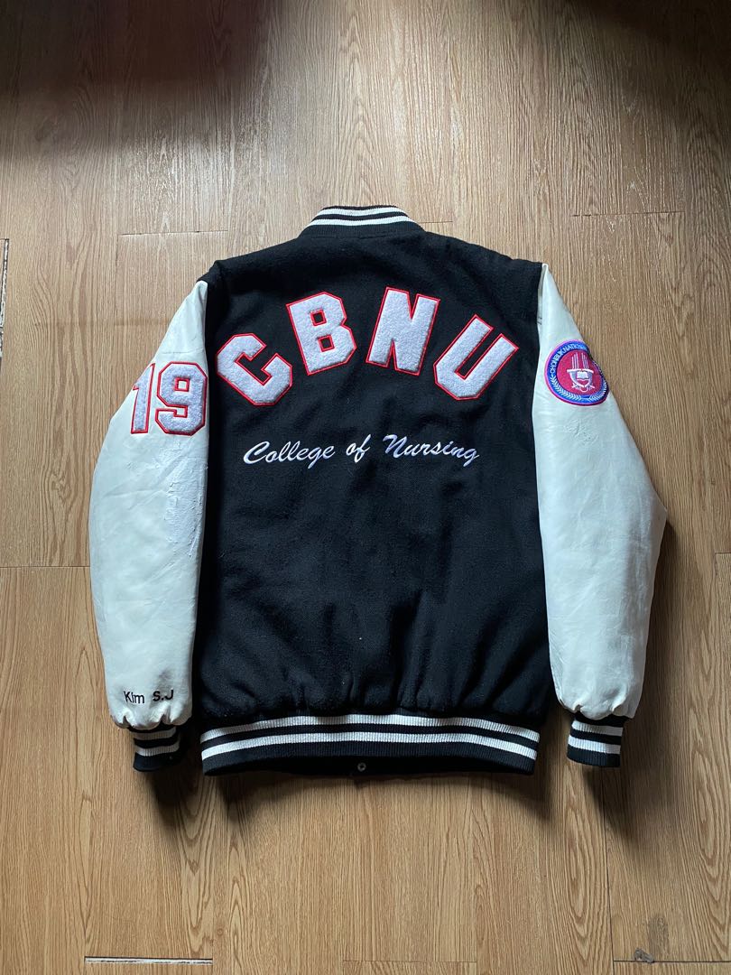 Varsity univ leather wool cbnu, Fesyen Pria, Pakaian , Atasan di Carousell