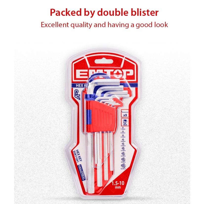 EMTOP 9pcs Portable Long arm Hex Key L Type Wrench Set Hexagon Spanner ...
