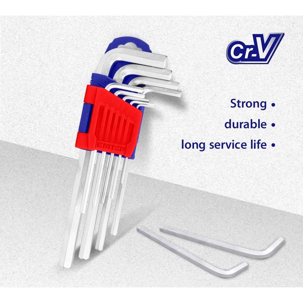 EMTOP 9pcs Portable Long arm Hex Key L Type Wrench Set Hexagon Spanner ...