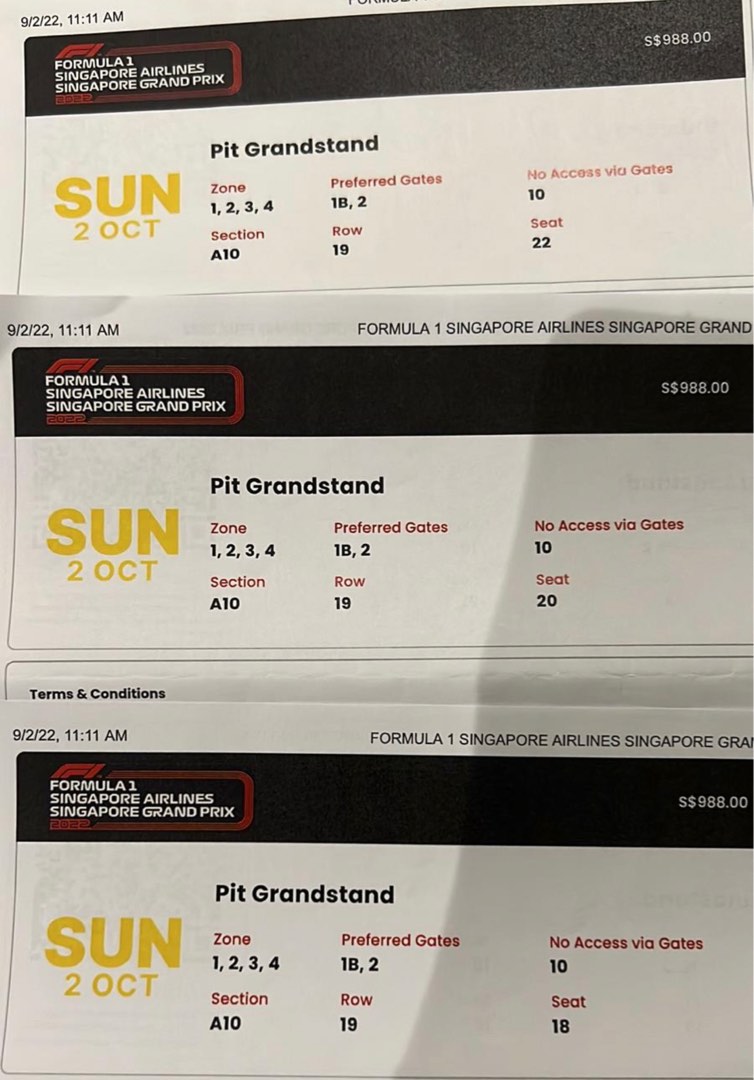 3 x F1 Pit Grandstand Sunday 02/10/2022 Race Day Tickets , Tickets ...