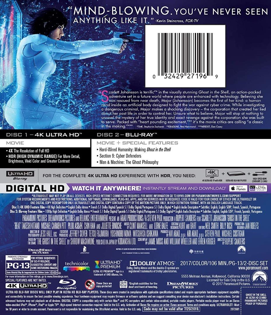 Ghost in the Shell (4K UHD + Blu-ray + Digital) Ultra HD, Hobbies & Toys, Music & Media, CDs ...