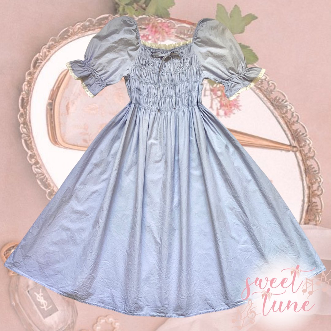 pastel blue smocked puff sleeves maxi dress w/ lace ruffles and ribbon ...