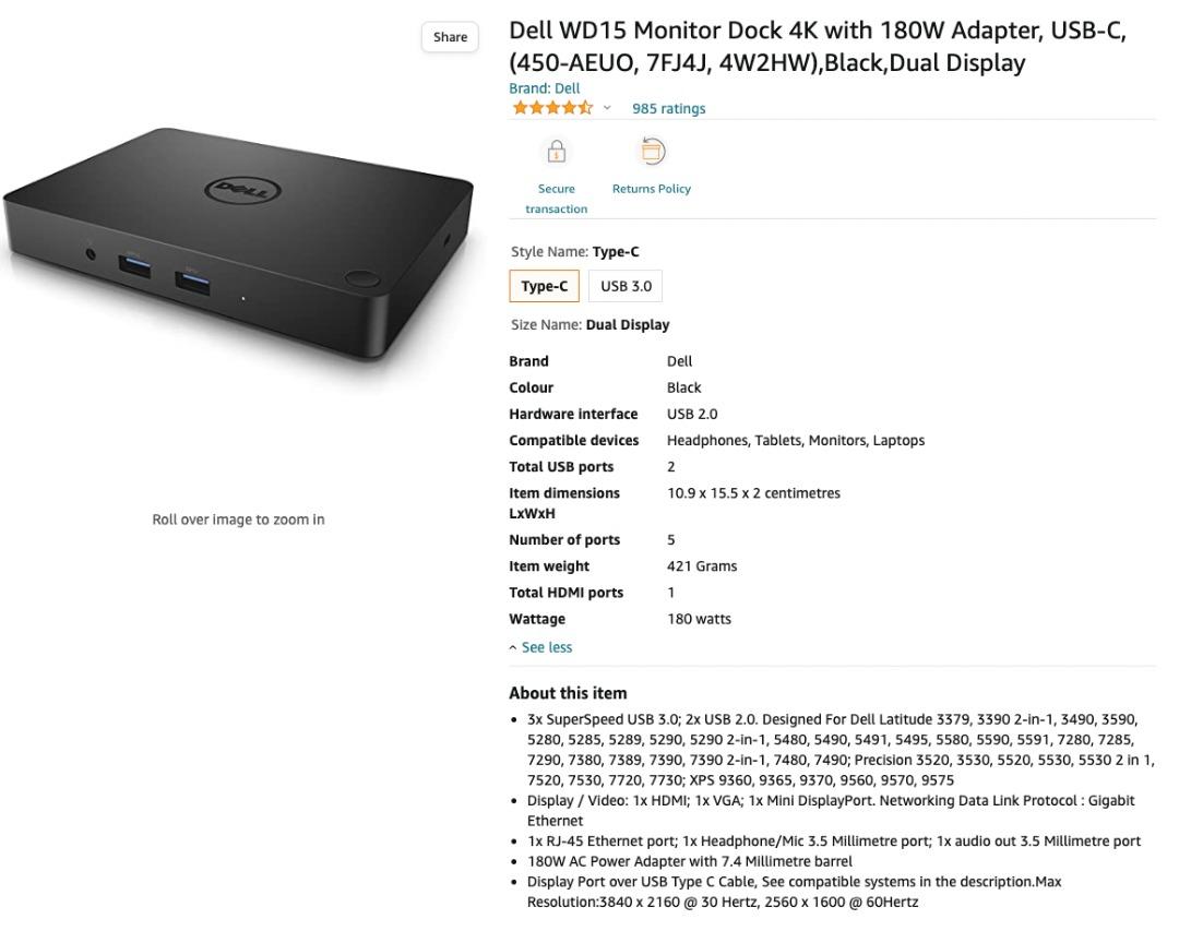 WD15 , USB-C Dell Docking Station with Dell Power Adaper - Dual Monitor ... WD15 , USB-C Dell Docking Station with Dell Power Adaper - Dual Monitor ...