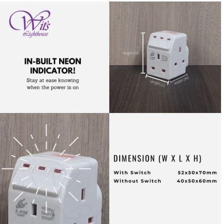 3 Way Multi Adaptor With Neon Indicator 2 Pin Direct Switch Option