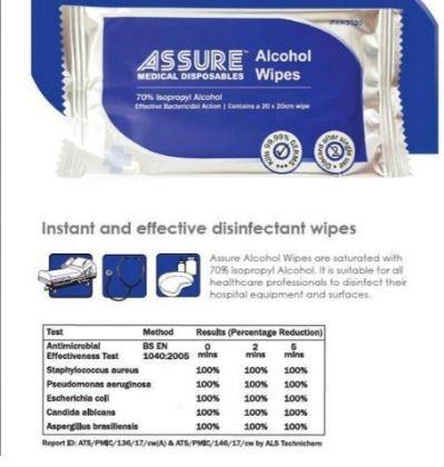 Alcohol 70% Individual Wipes (Assure) 50s, Health & Nutrition, Medical ...