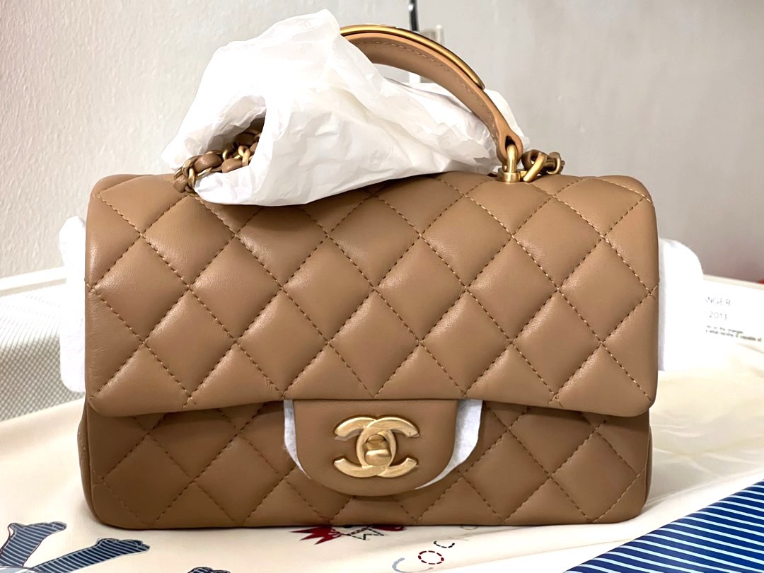 BNIB Authentic Chanel 22B mini flap with top handle in dark beige ...