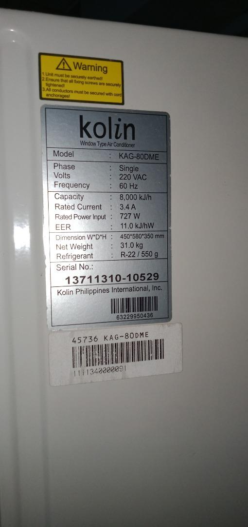 Kolin Window Type Air Conditioner (.8HP), TV & Home Appliances, Air ...