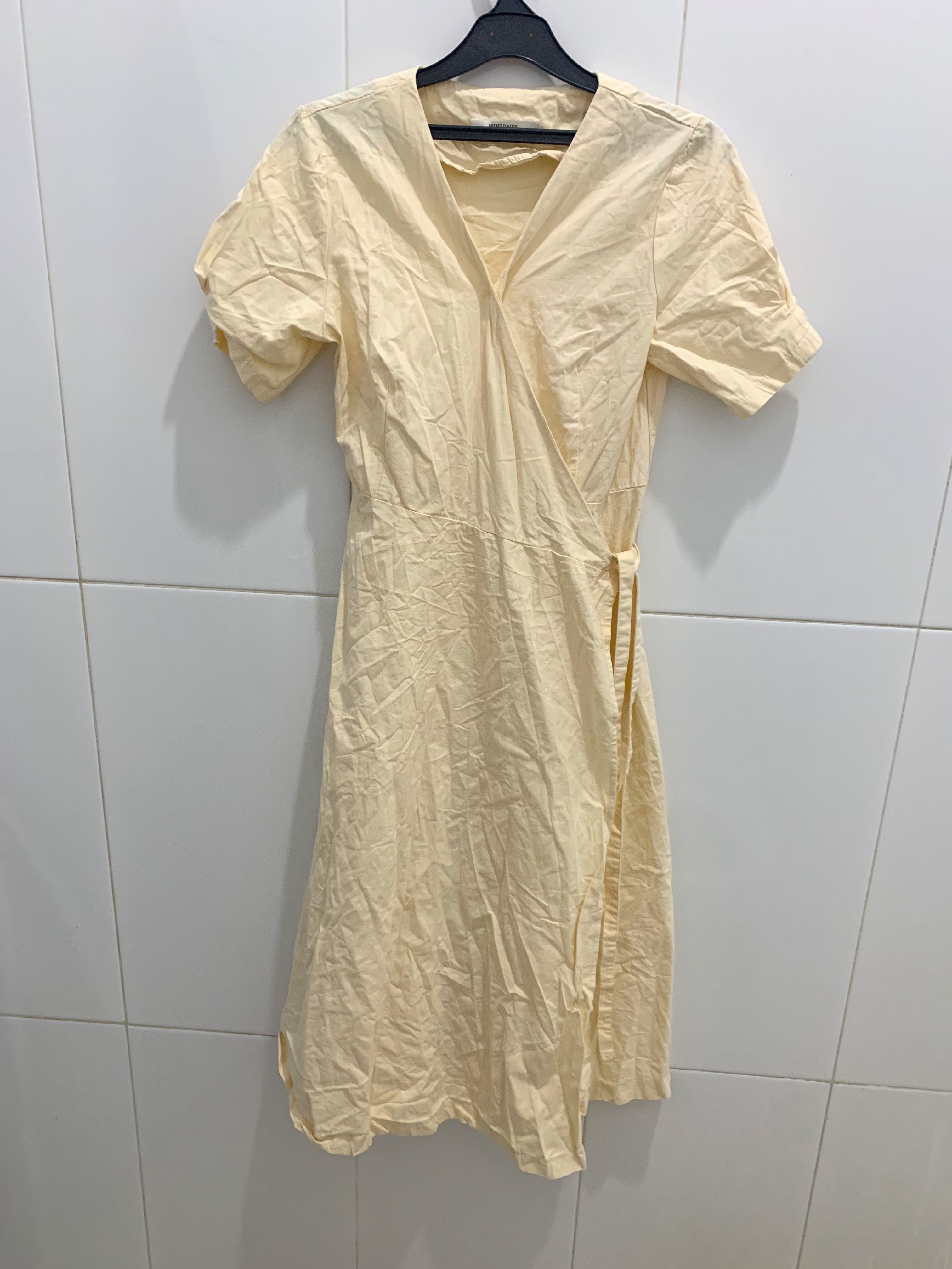 yellow cream kuning krem kimono dress midi maxi puff puffed puffy v ...