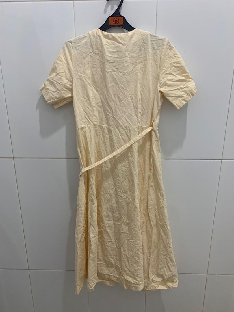 yellow cream kuning krem kimono dress midi maxi puff puffed puffy v ...