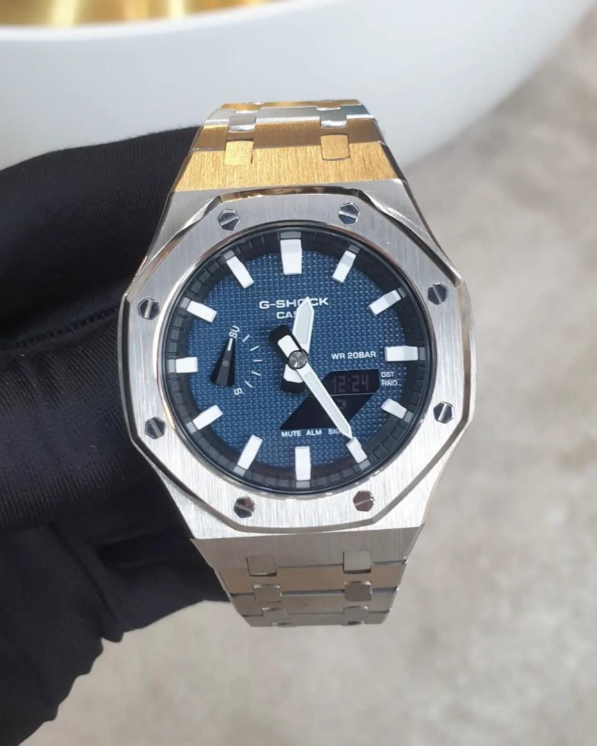 Casioak GA-2100 Blue Checker Face with White Index in Silver Metal ...