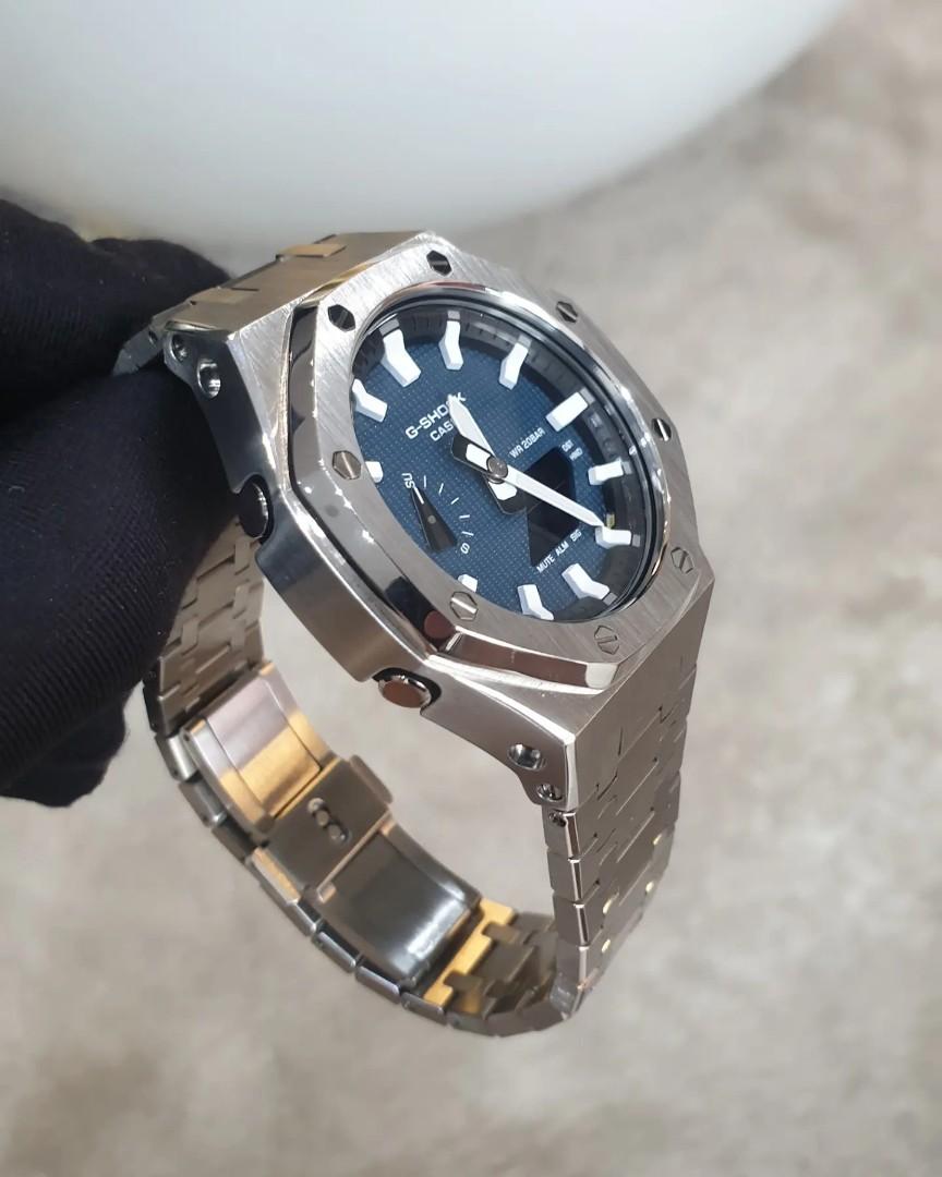 Casioak GA-2100 Blue Checker Face with White Index in Silver Metal ...