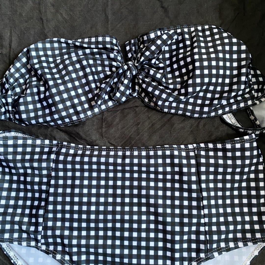 Checkered Black and White Swimsuit High Waisted Tube, Women's Fashion ...