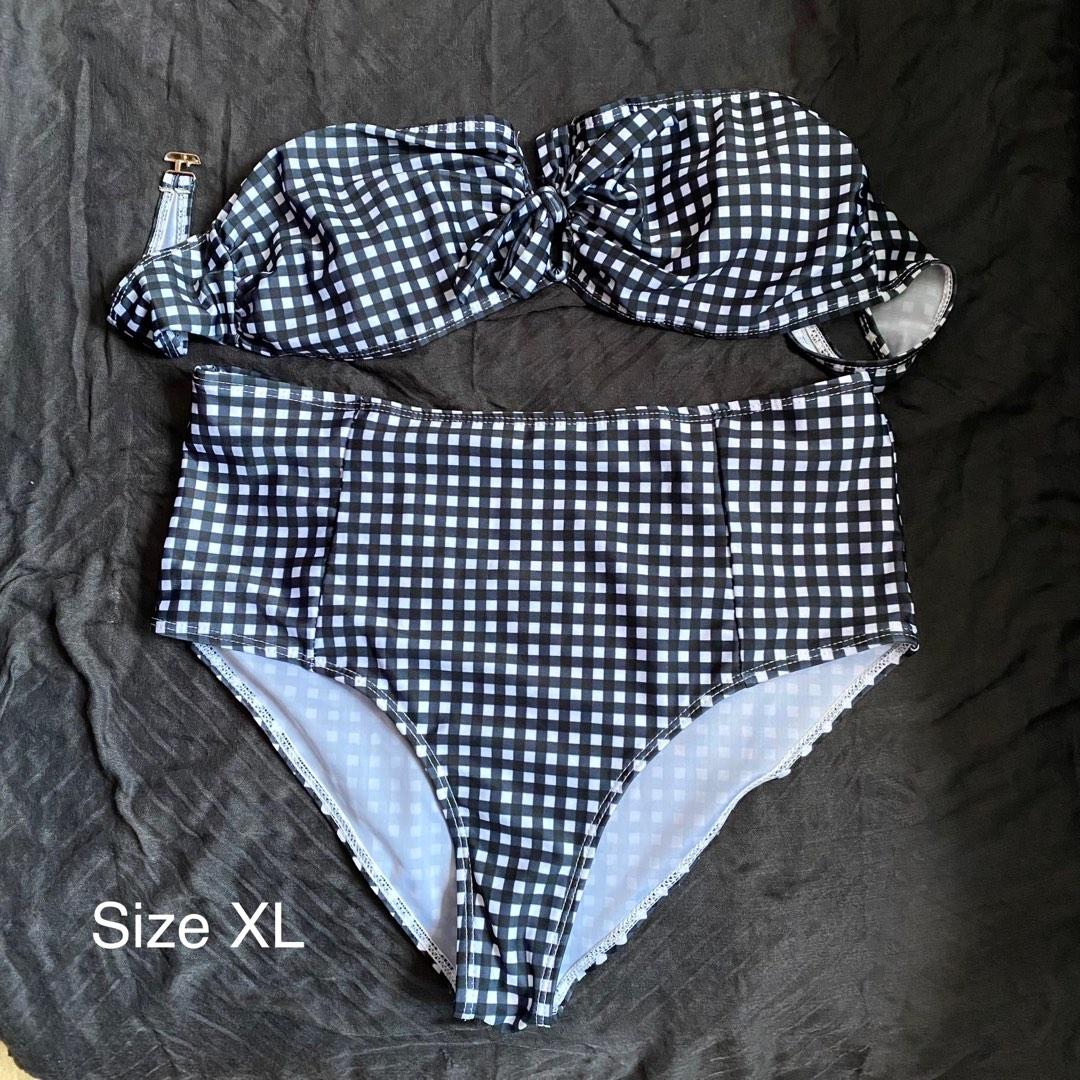 Checkered Black and White Swimsuit High Waisted Tube, Women's Fashion ...