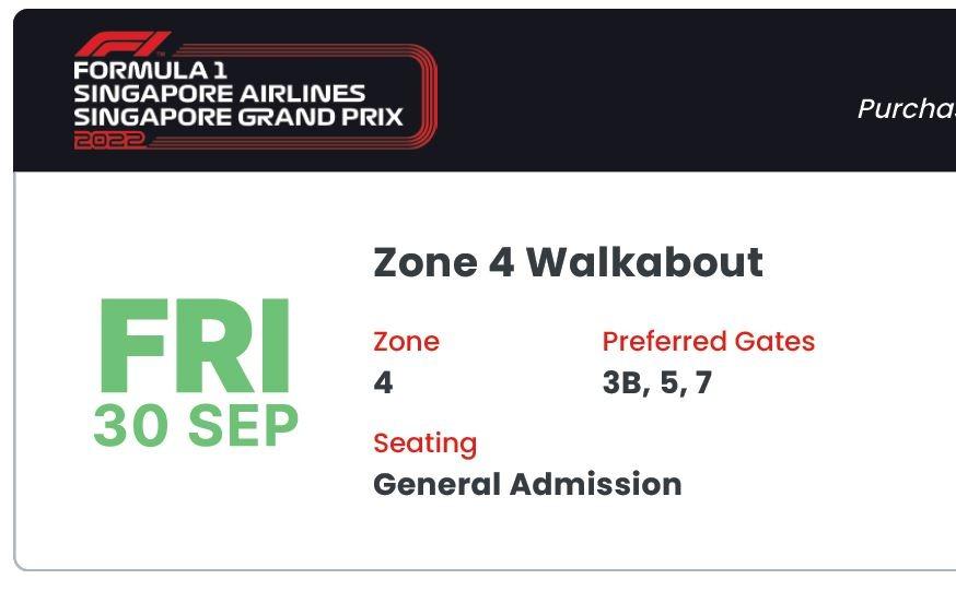 F1 Singapore Grand Prix Zone 4 Walkabout Ticket 30 Sep Friday ...