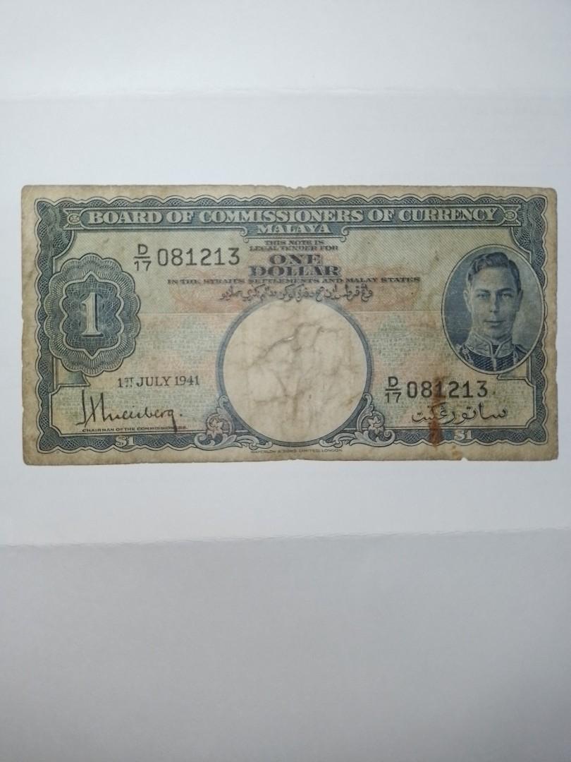 Malaya One dollar 1941 currency Note, heavily worn out F condition ...