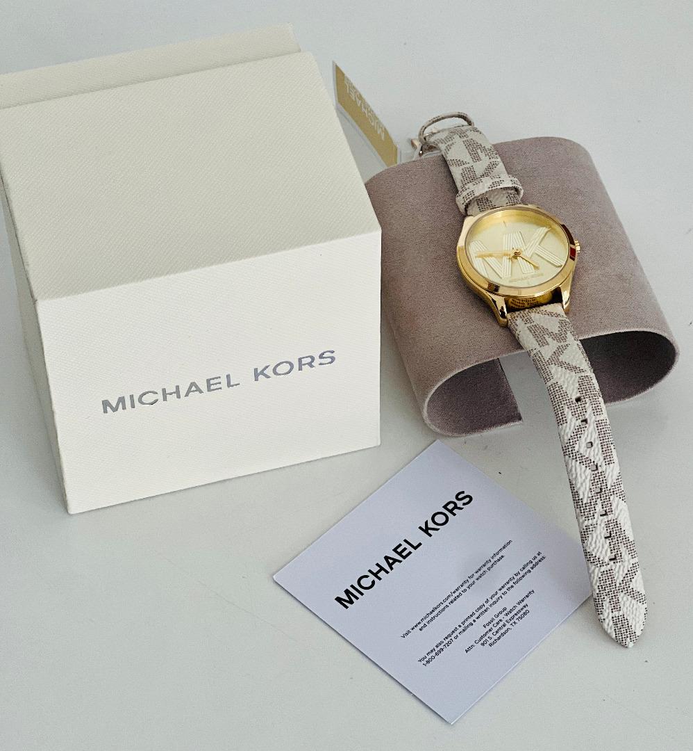 MICHAEL KORS MK GOLD-TONE DIAL VANILLA WHITE SIGNATURE LOGO LEATHER WATCH MK2861 $225 SALE ...