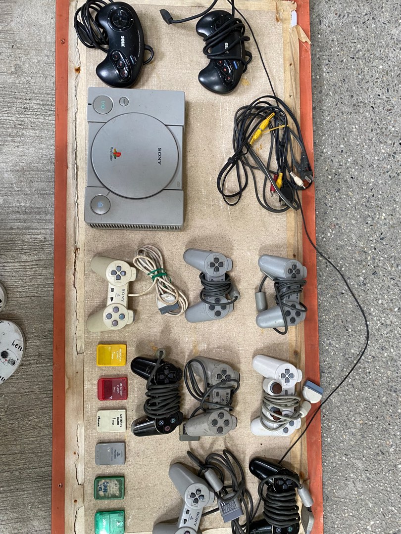 PlayStation 1 PS1 unit, controllers, and memory cards plus Sega ...