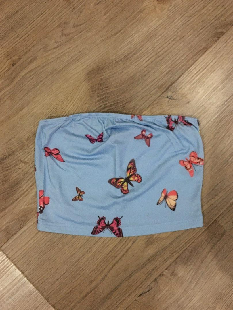 SHEIN Butterfly Tube Top in Blue, Women's Fashion, Tops, Sleeveless on ...