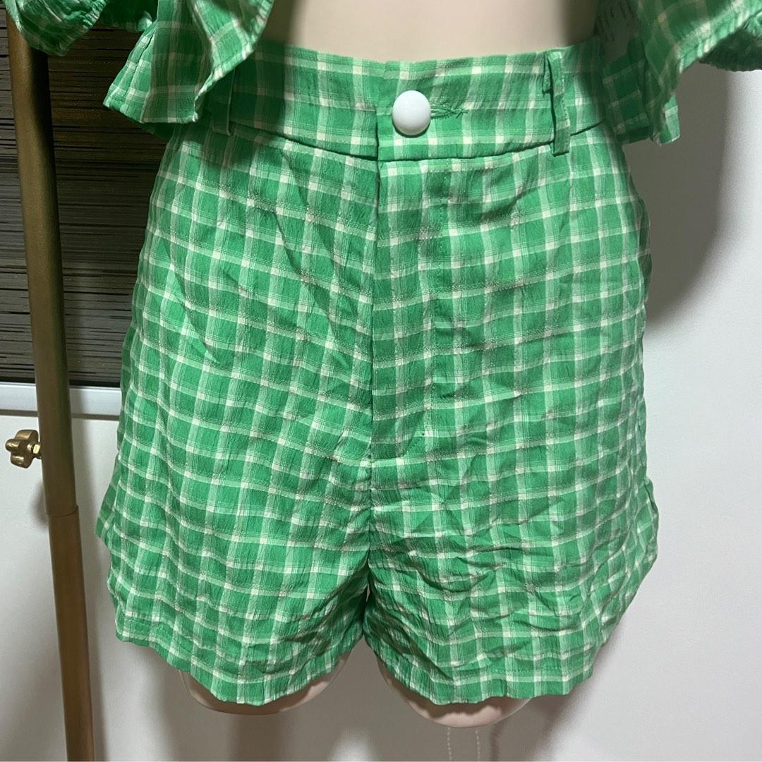 SHEIN green crumpled plaid gingham checkered puff sleeves peplum crop ...