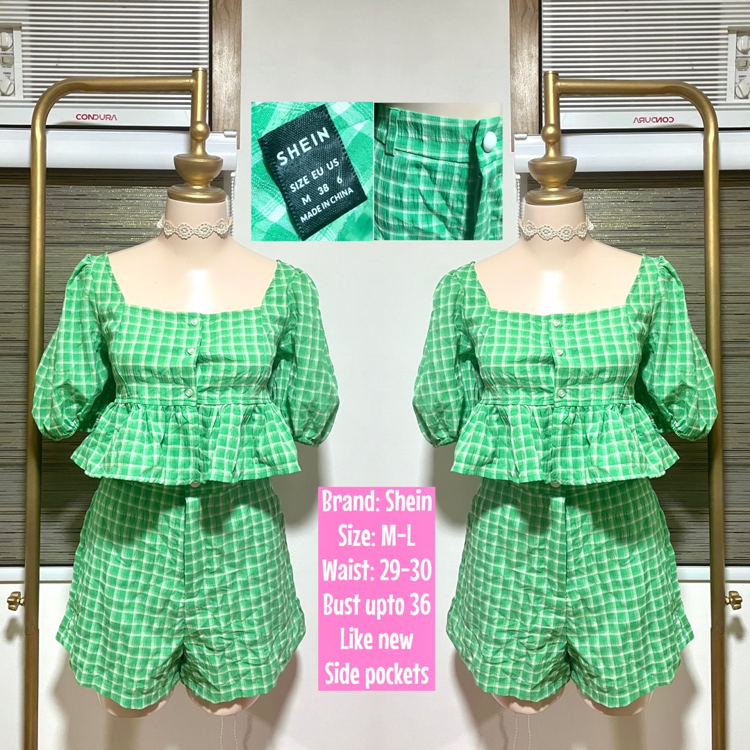 SHEIN green crumpled plaid gingham checkered puff sleeves peplum crop ...