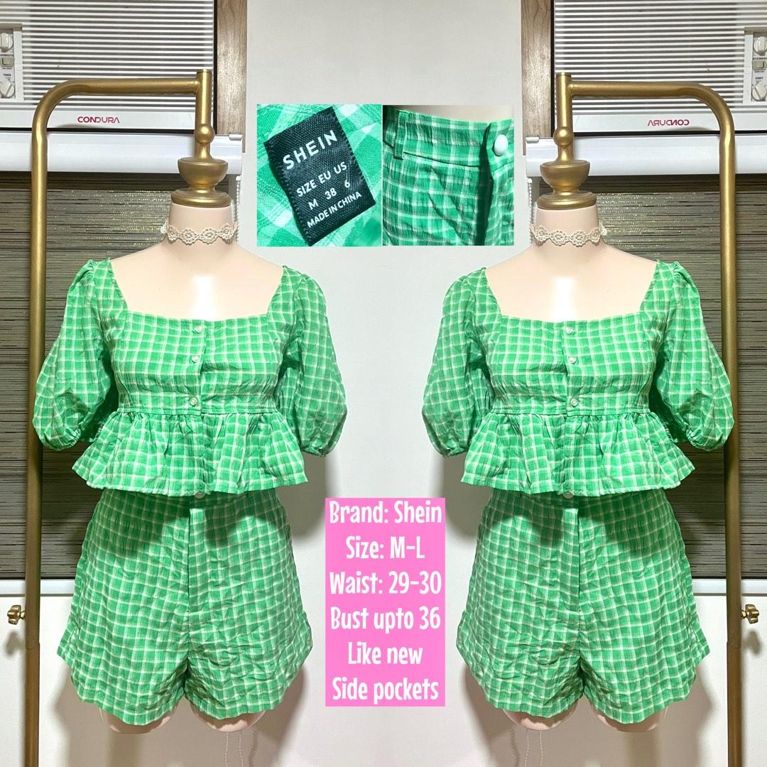 SHEIN green crumpled plaid gingham checkered puff sleeves peplum crop top shorts set terno ...