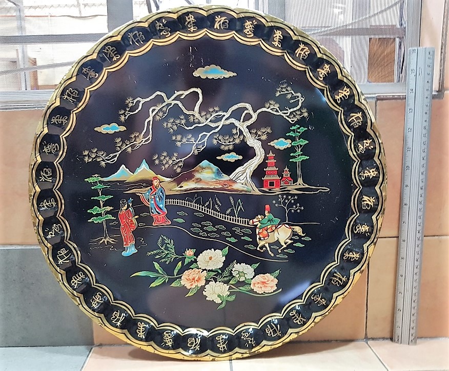 Vintage BARET WARE Enamelware Chinoiserie Decorated Large Round Tin ...