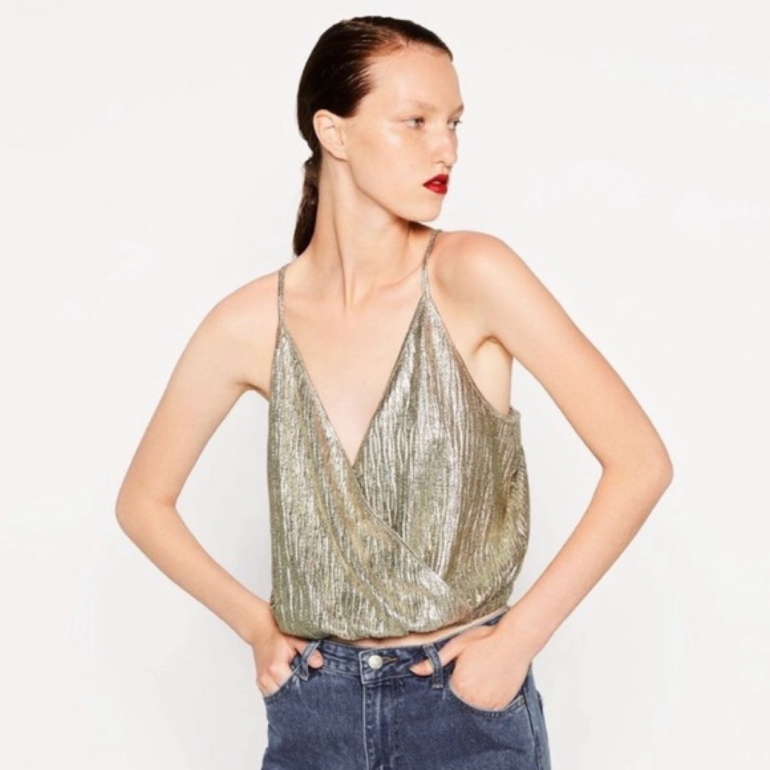 Zara Metallic Silver Gold Wrap Surplice Cami Top, Women's Fashion, Tops ...
