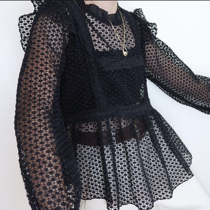 Black See Through Ruffle Edwardian Peplum Blouse, Women's Fashion, Tops ...