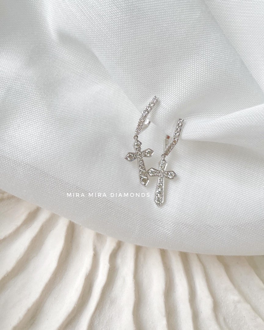 Diamond Cross Drop Hoop Earrings in 18k HK setting, Women's Fashion ...
