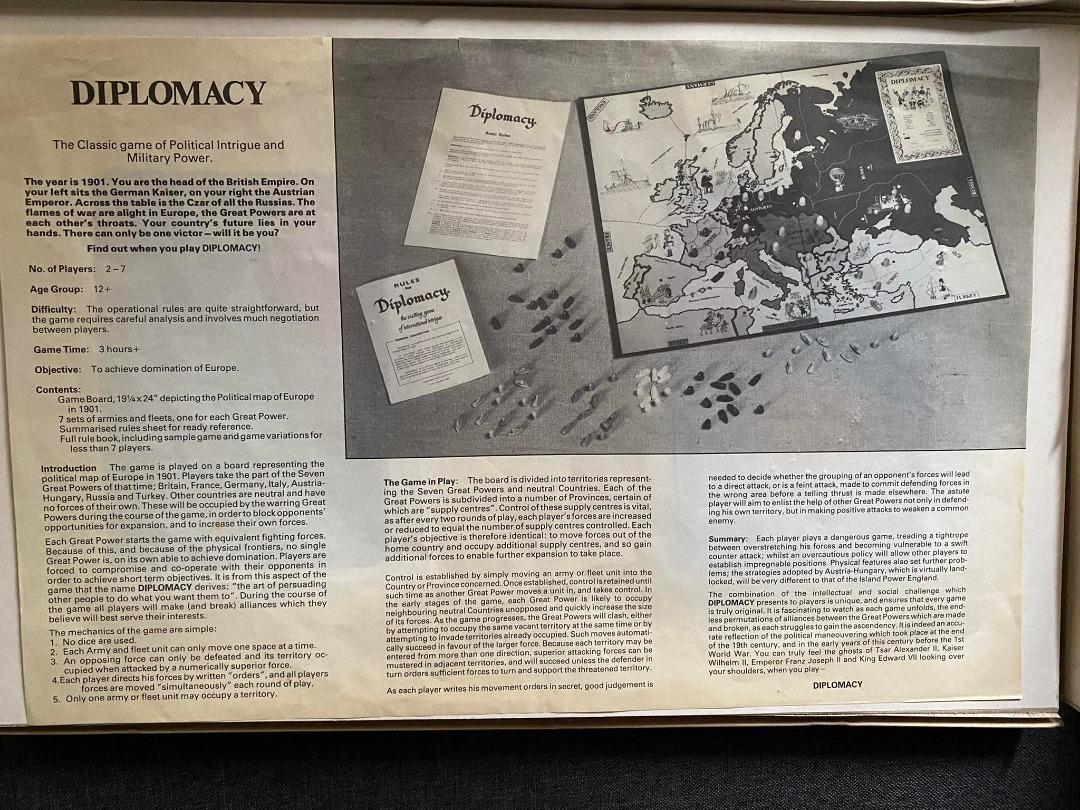 Diplomacy Avalon Hill Board Game, Hobbies & Toys, Toys & Games on Carousell