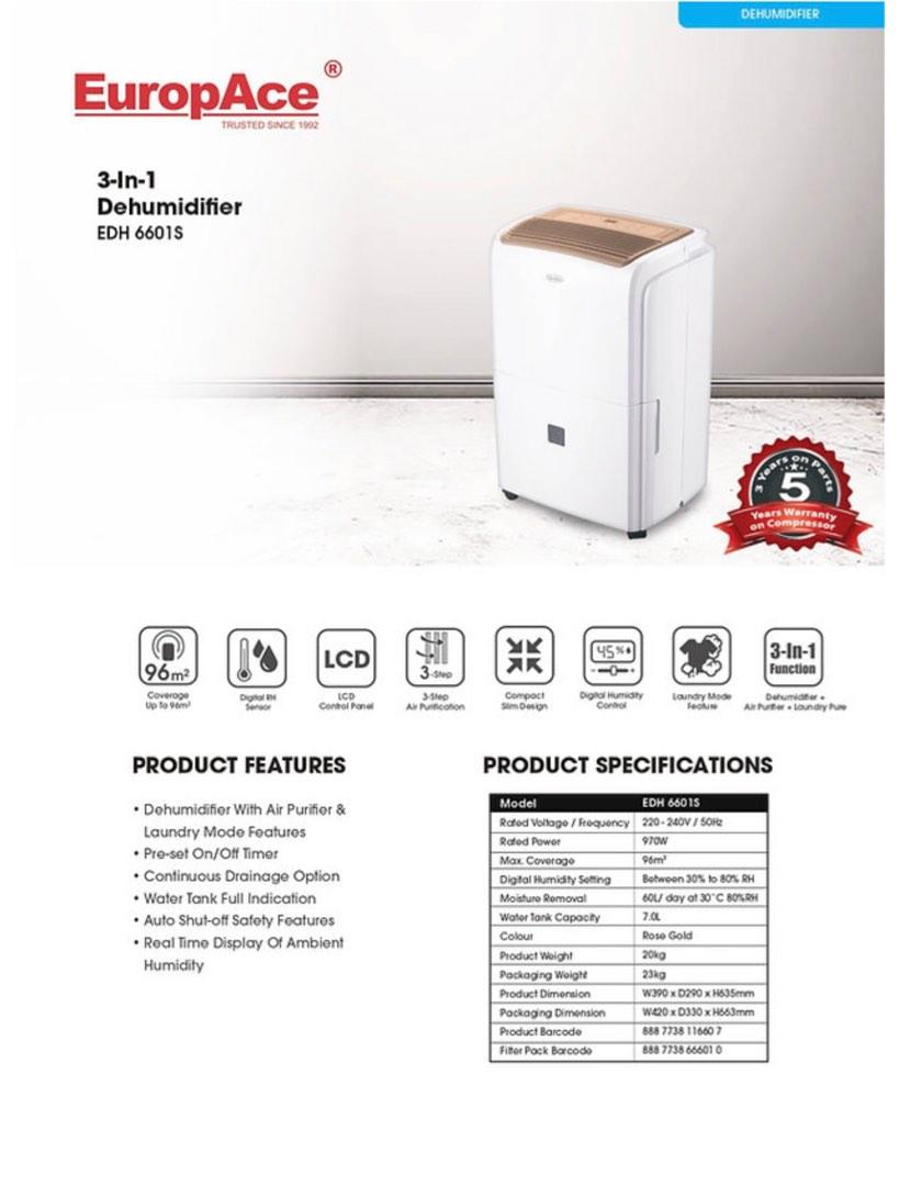 Europace EDH6601S Dehumidifier with Air purifier & Laundry Mode Feature ...