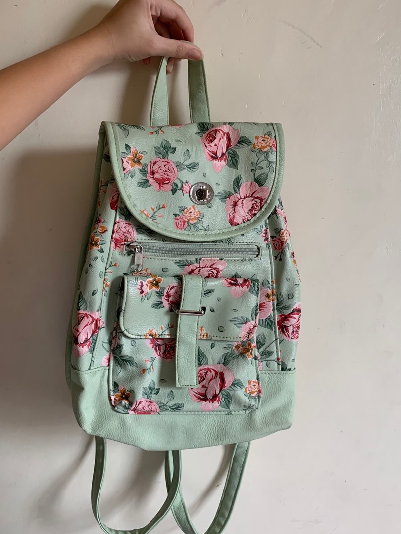 Mint Green Floral Leather Small Backpack, Women's Fashion, Bags ...