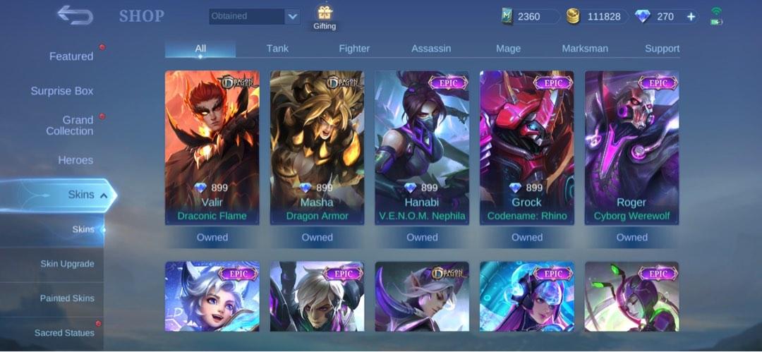 Mobile legend account legend skin gs kof gs aspirant Fanny collector ...