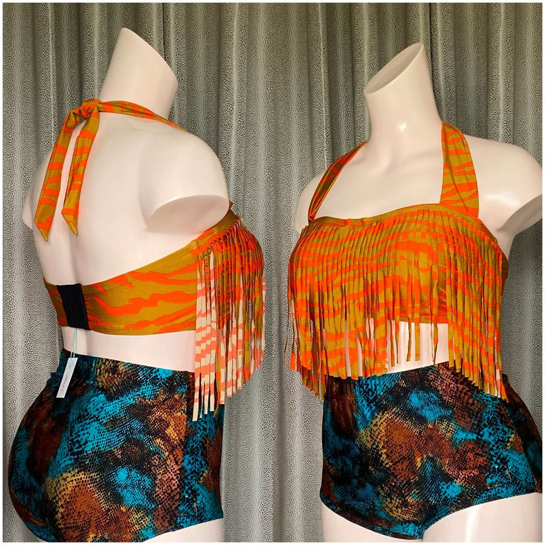 PLUS SIZE Orange Animal Print Fringe Halter Bikini Top Swimsuit Non ...